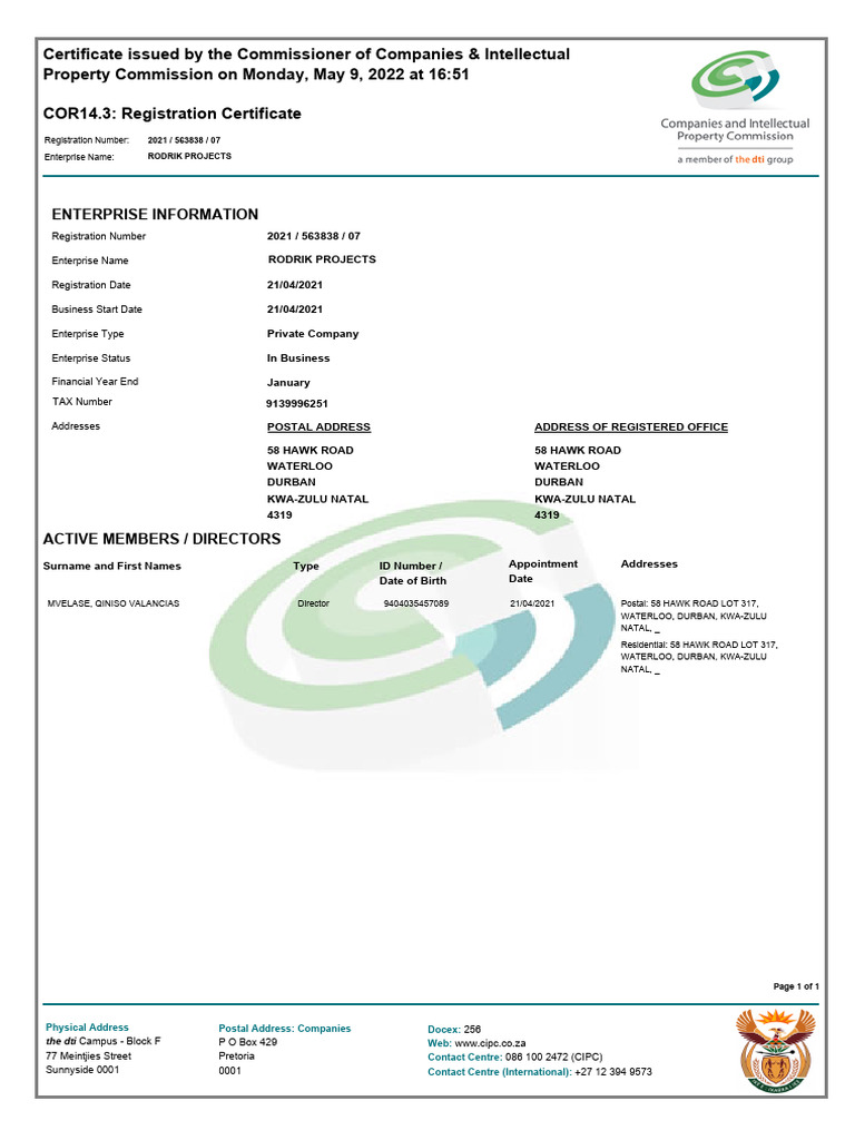 Company Registration Certificate | PDF