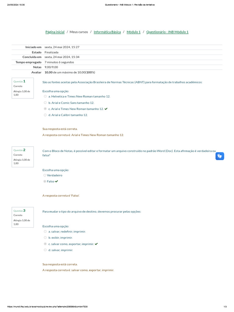 Questionário - INB Módulo 1 - Revisão Da Tentativa | PDF | Teclado de computador | Programas