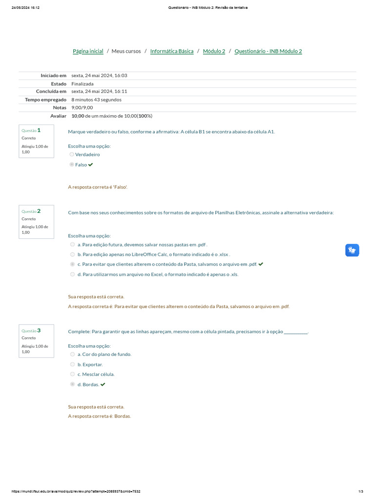 Questionário - INB Módulo 2 - Revisão Da Tentativaplanilhas 2 | PDF | Informática
