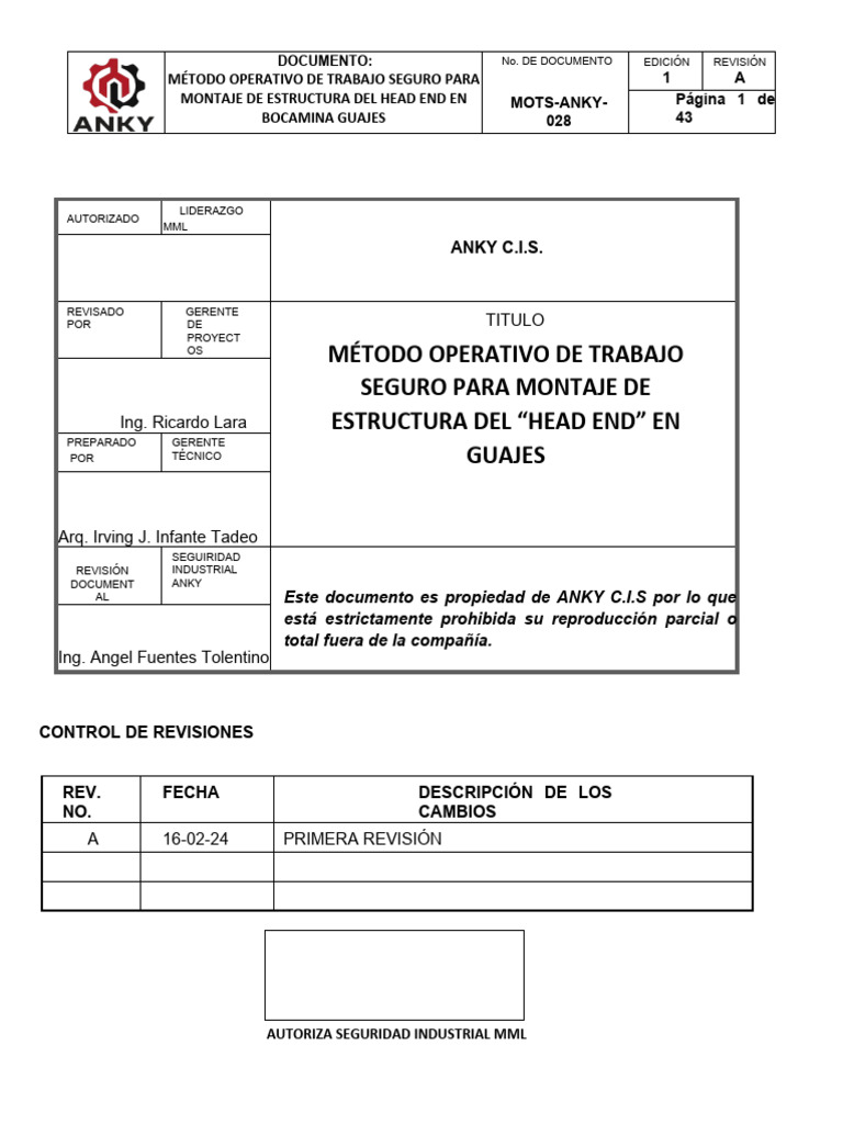 Método Operativo de Trabajo Seguro Para Montaje de Estructura Del “Head ... Método Operativo de Trabajo Seguro Para Montaje de Estructura Del “Head ...