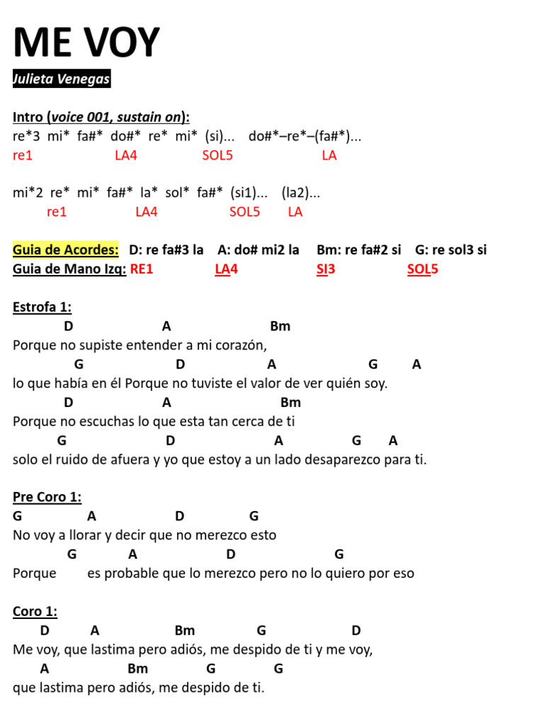 Me Voy - Julieta Venegas (letra y acordes piano) | PDF | Música grabada ...