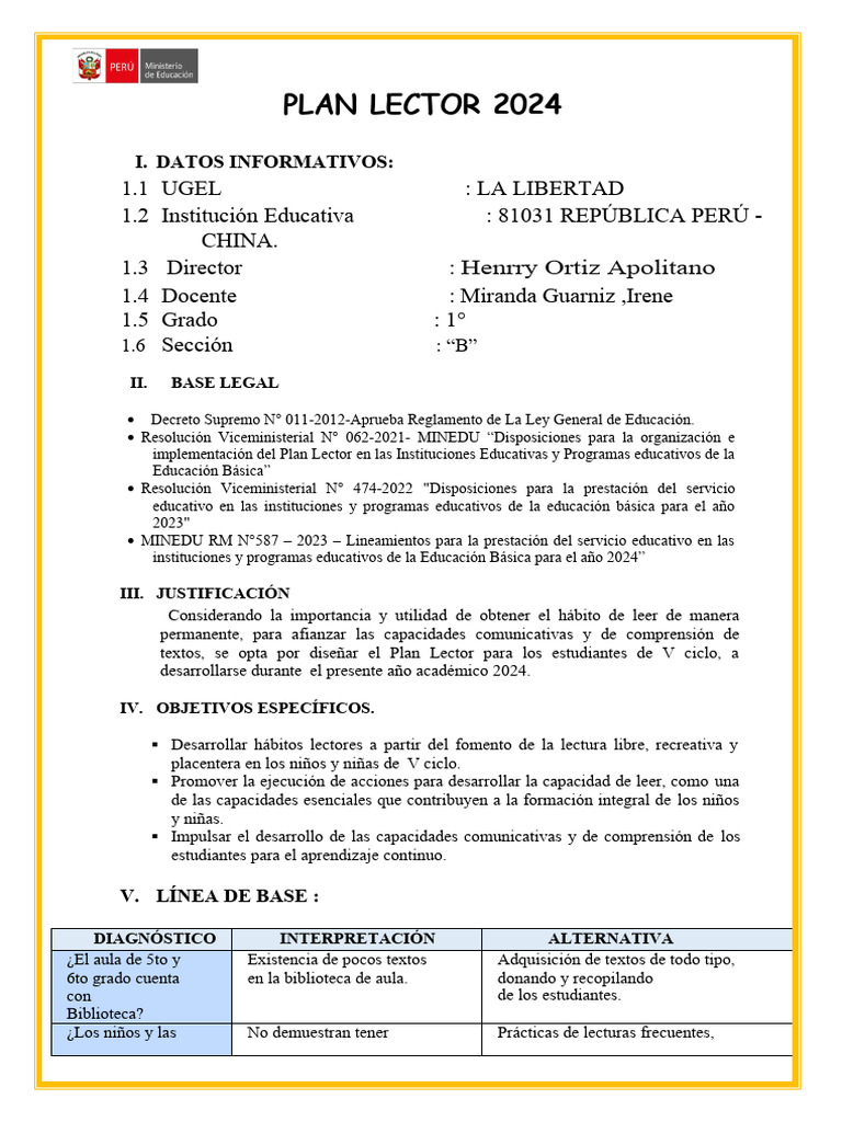 Plan Lector 2024 | PDF | Maestros | Educación primaria