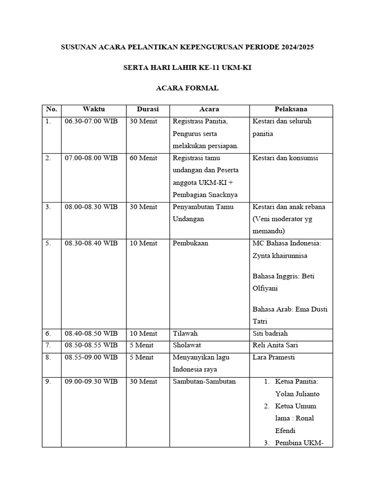 Rundown Acara Pelantikan Ukm Ki 2024 Fix | PDF