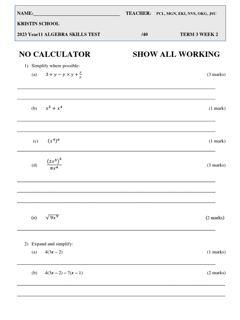 2023 Year 11 Algebra Skills T3W2 | PDF | Series And Parallel Circuits ...