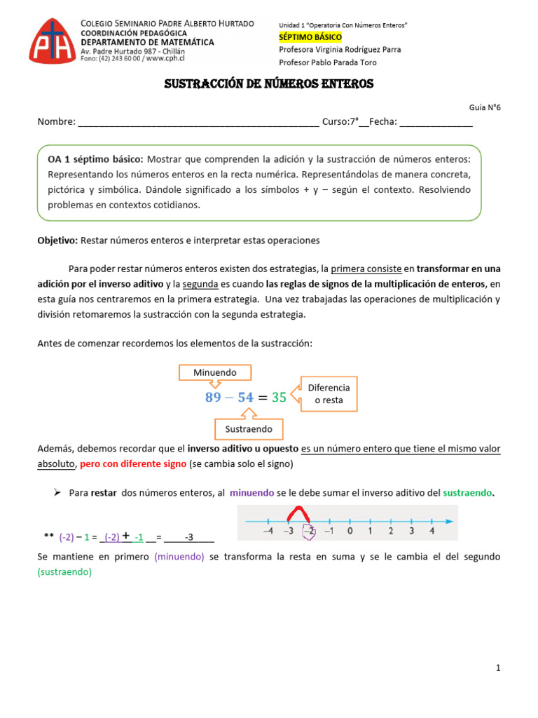 Guia 6 - Sustracción de Números Enteros | PDF | Sustracción | Entero