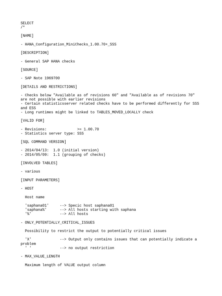 HANA Configuration MiniChecks 1.00.70+ SSS | PDF | Parameter (Computer Programming) | Data