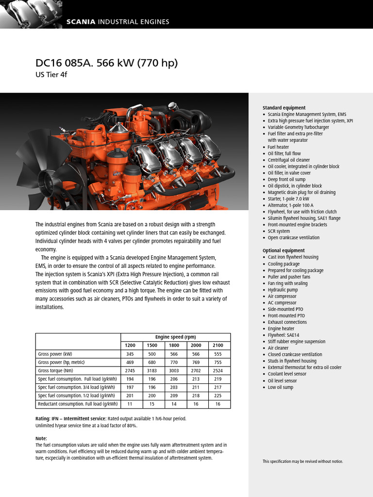 Scania DC16 Engine Specs and Features | PDF | Engines | Piston