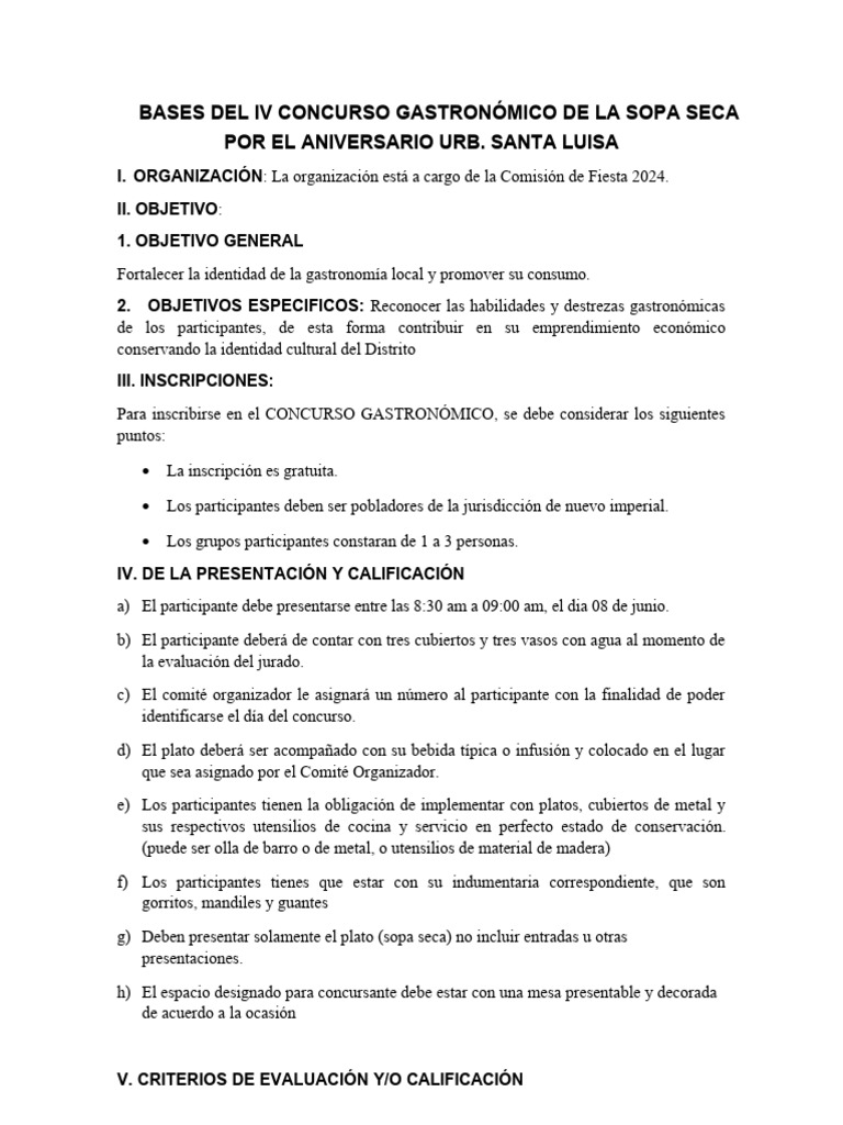 Bases Concurso Gastronómico Por Semana de Aniversario PDF | PDF | Cocinando | Cocina occidental