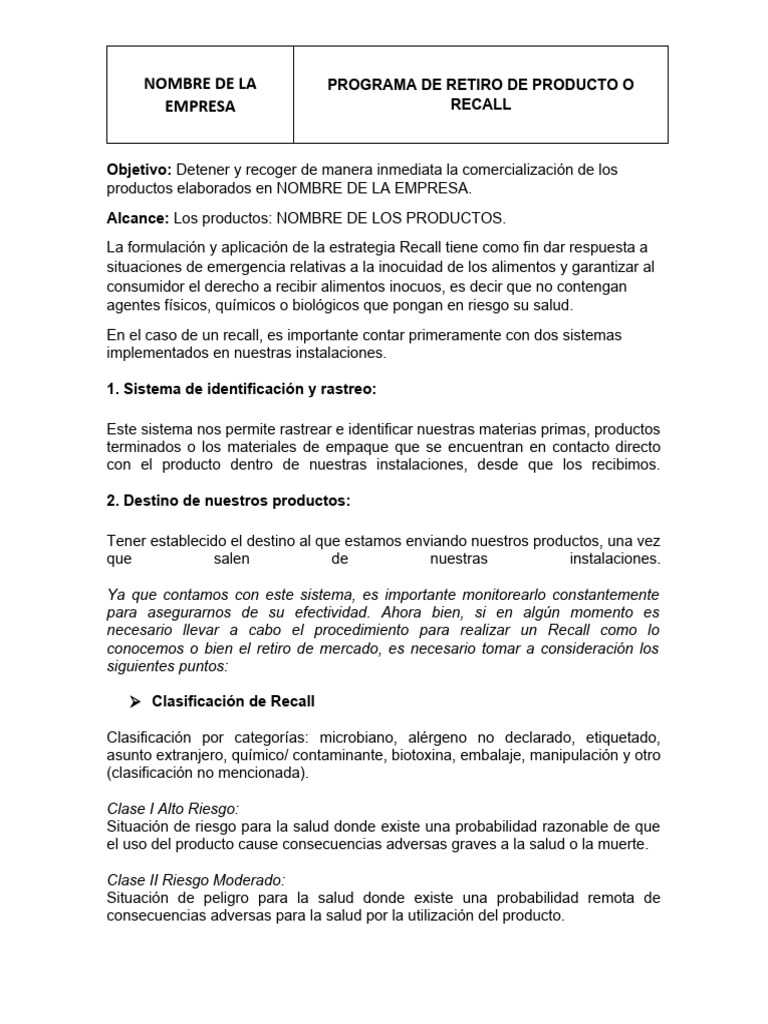 Plan de Retiro de Producto | PDF | Business | Alimentos