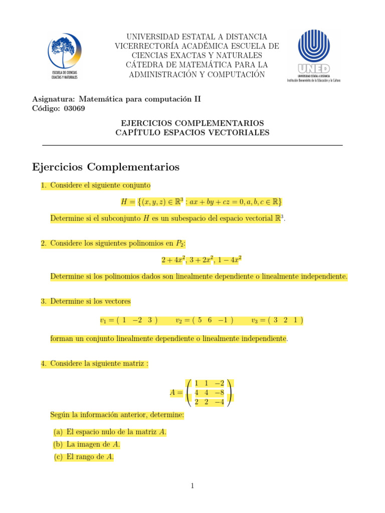 Ejercicios Complementarios Capítulo #6 | PDF | Espacio vectorial | Matriz (Matemáticas)