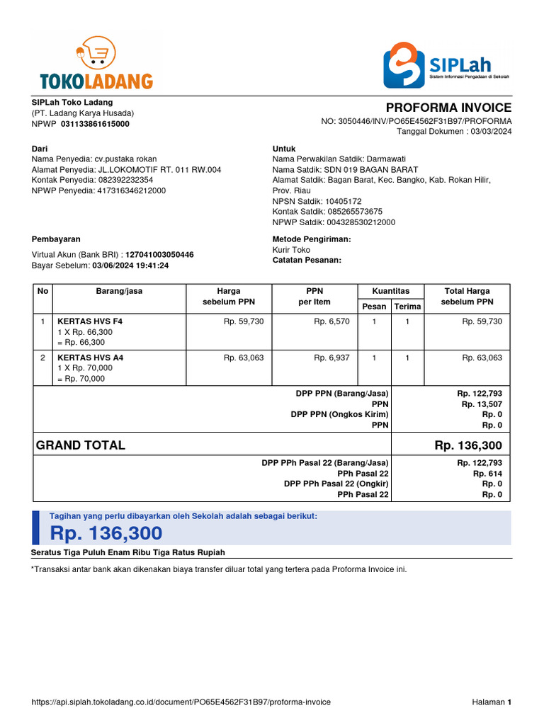 Proforma Invoice Kertas Bagan Barat | PDF