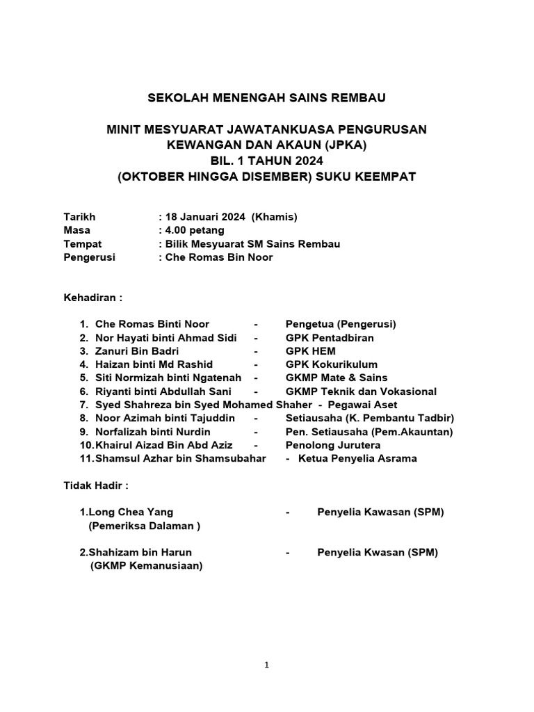 Minit Mesyuarat Jkpa Bil 1 Tahun 2024 Suku 4 | PDF