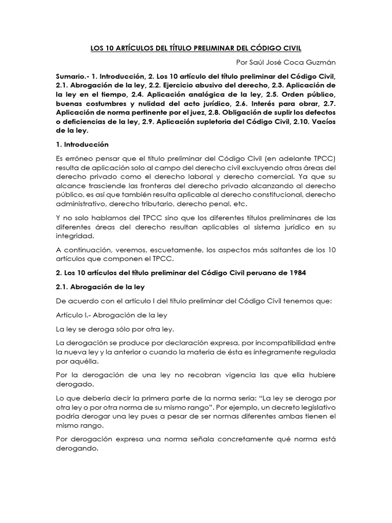 Lectura - Los 10 Artículos Del Título Preliminar Del Código Civil | PDF | Juez | Debido al proceso