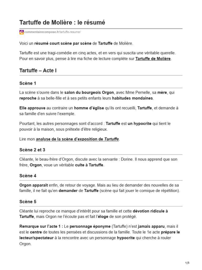 Résumé scène par scène de Tartuffe | PDF | Molière