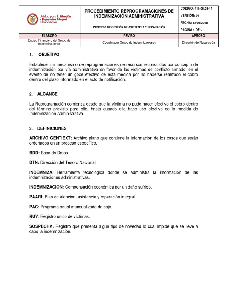 Procedimietno Reprogramaciones de Indemnizacines Administrativa v1 | PDF | Contabilidad | Daños ...