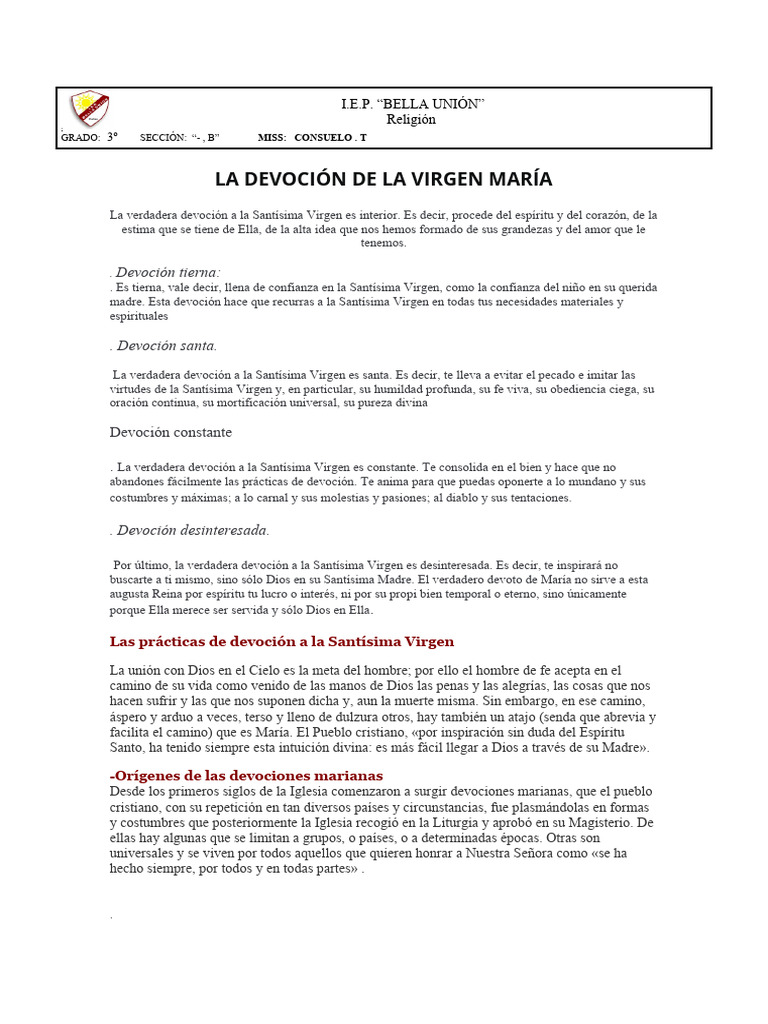 LA DEVOCIÓN DE LA VIRGEN MARIA 4ro B | PDF | María, madre de Jesús | Dios
