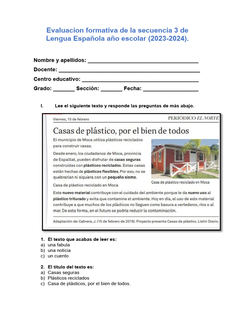 Evaluacion Tema La Noticia Segundo de Primaria | PDF