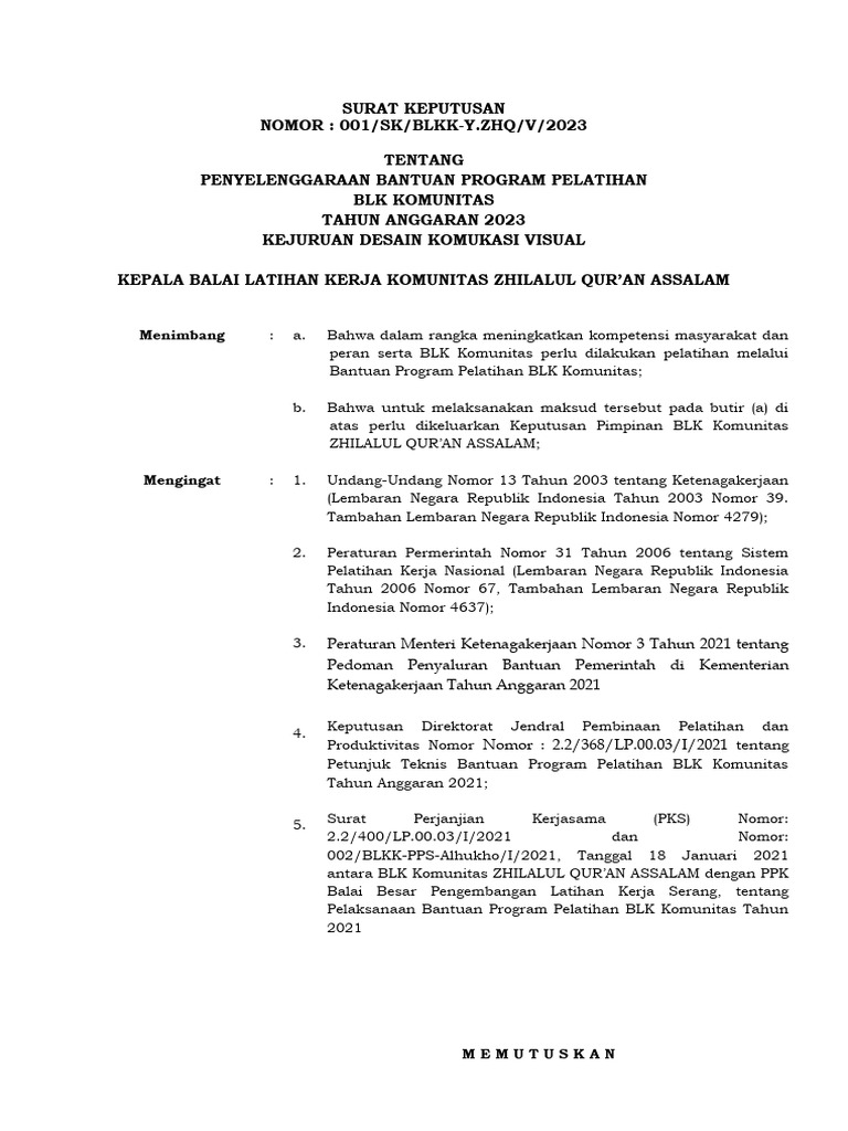 Contoh SK BLK Komunitas Zhilalul | PDF