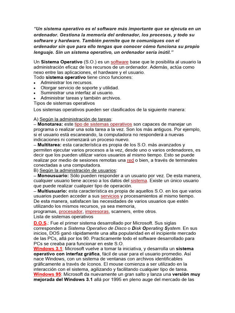 Un Sistema Operativo Es El Software Más Importante Que Se Ejecuta en Un Ordenador | PDF ...