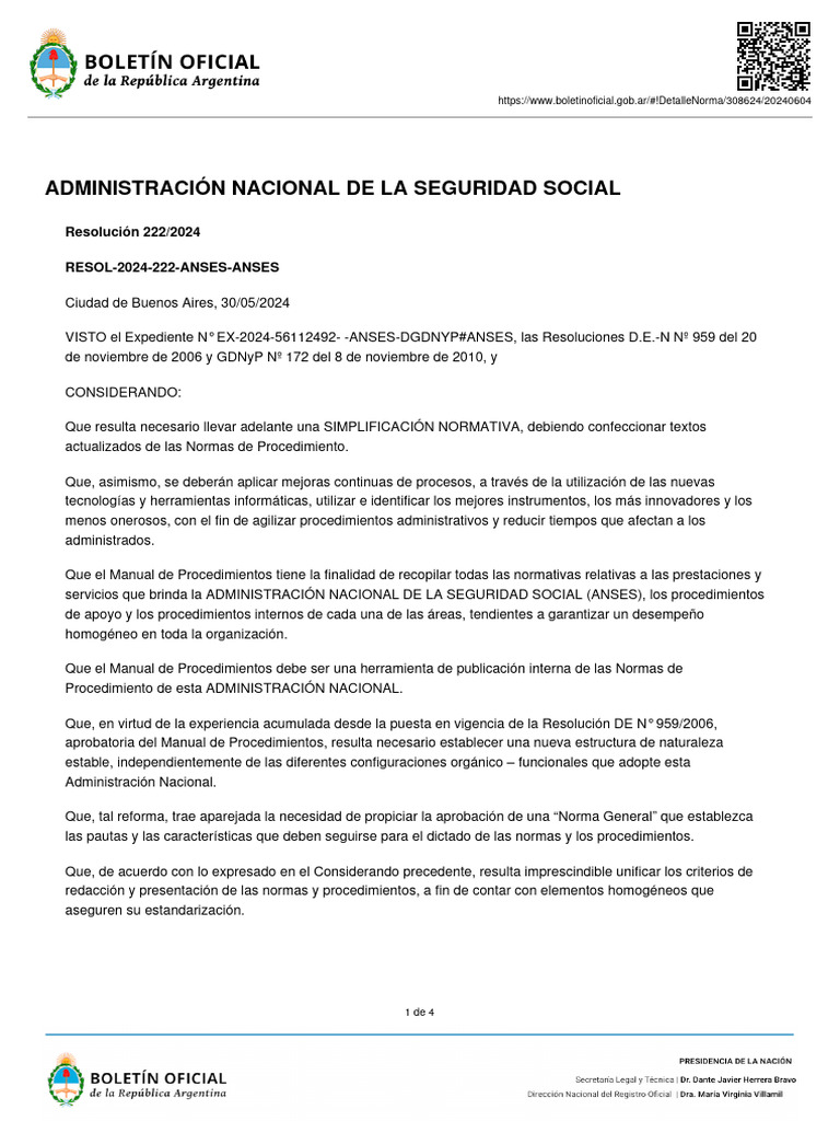 Resolucion 222-2024 ANSES Plan de Simplificación y Actualización de Normas de Procedimiento ...