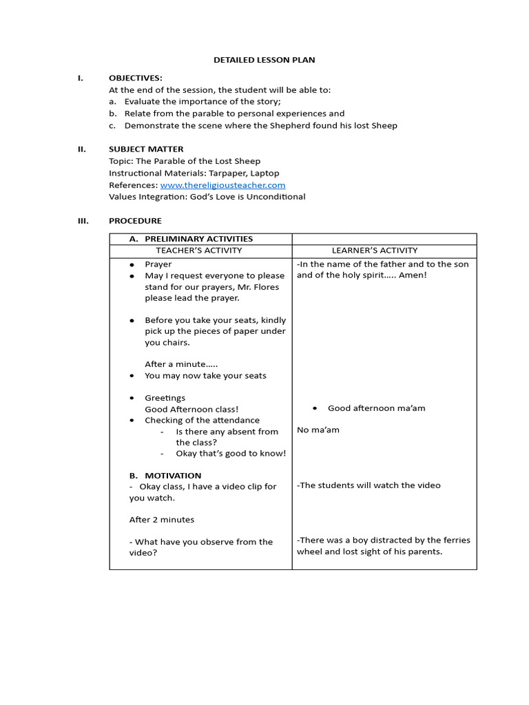 Detailed Lesson Plan | PDF | Shepherd