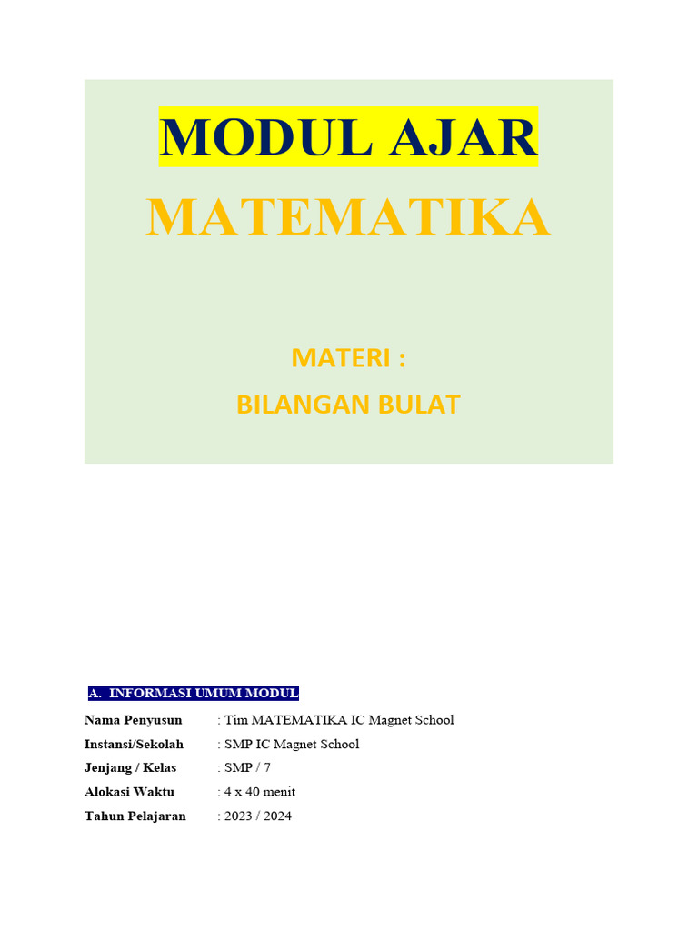 Modul Ajar Matematika (Bilangan Bulat) | PDF