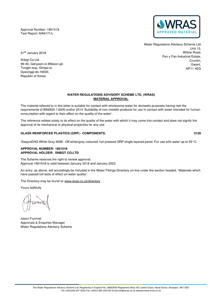 2019 Wras Material Approval-Snbgt Co - LTD | PDF | Technology & Engineering