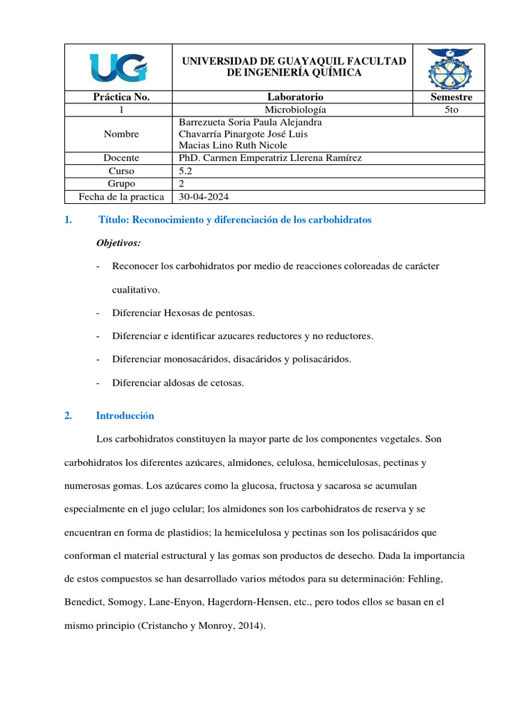 Informe 1 - Reconocimiento y Diferenciación de Carbohidratos | PDF | Carbohidratos | Almidón
