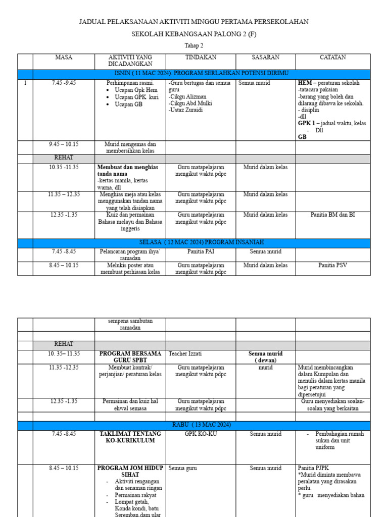 JADUAL PELAKSANAAN AKTIVITI MINGGU PERTAMA PERSEKOLAHAN (Tahap 2) | PDF