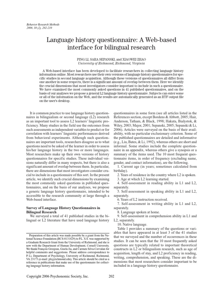 2006 Language History Questionnaire | PDF | Second Language | Multilingualism