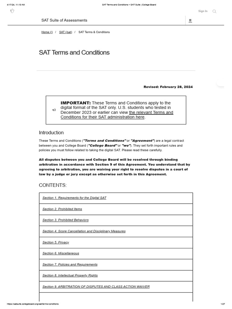 SAT Terms and Conditions - SAT Suite - College Board | PDF | Sat | Privacy