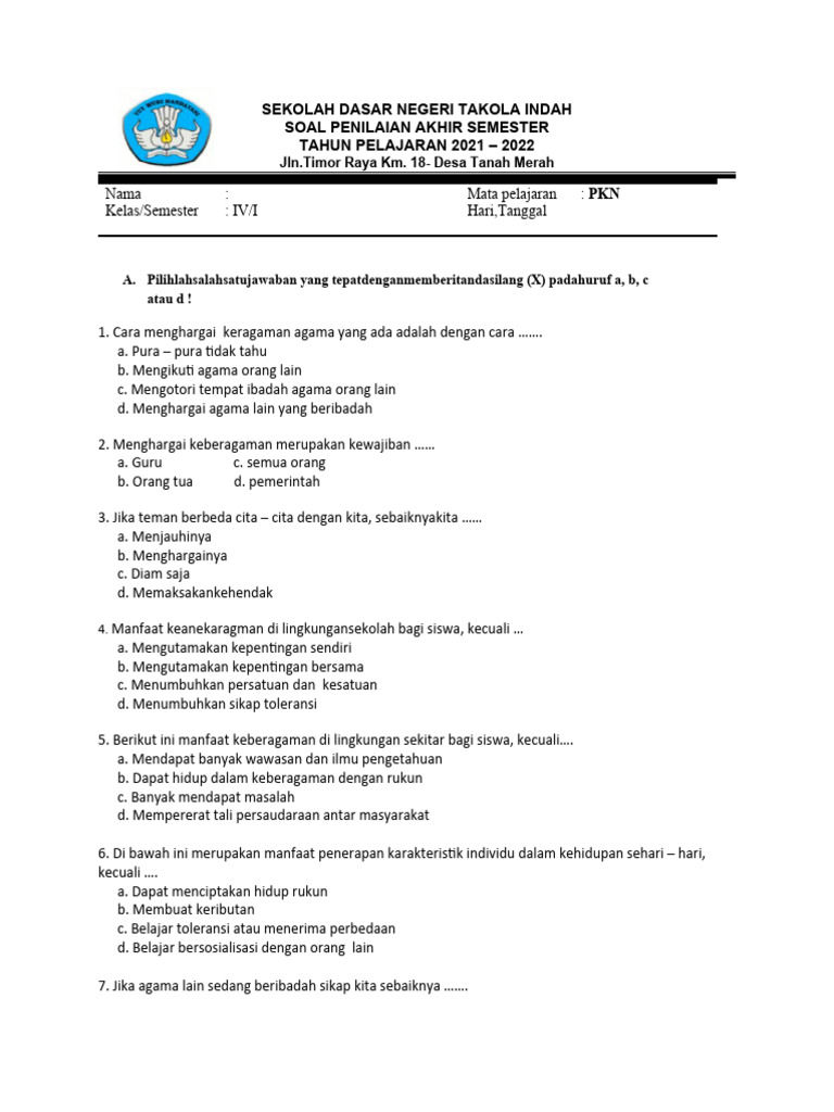 Butir Soal PKN SD Takolah Indah | PDF | Ilmu Sosial