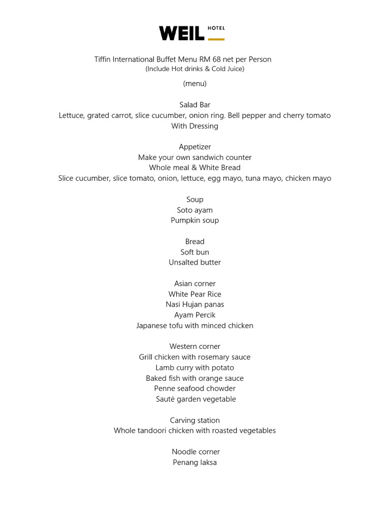 3 Tiffin Buffet S Menu RM 68 Net | PDF | Tofu | Sauce