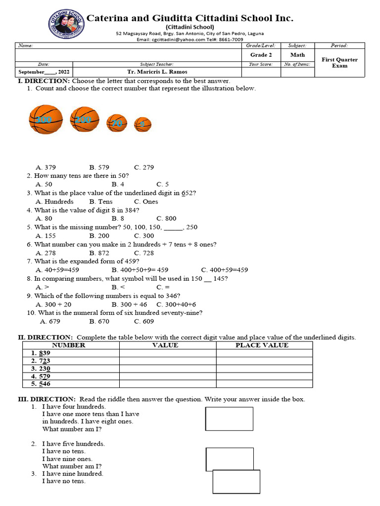 Grade 2 Math First Quarter Exam | PDF | Mathematical Notation | Mathematics