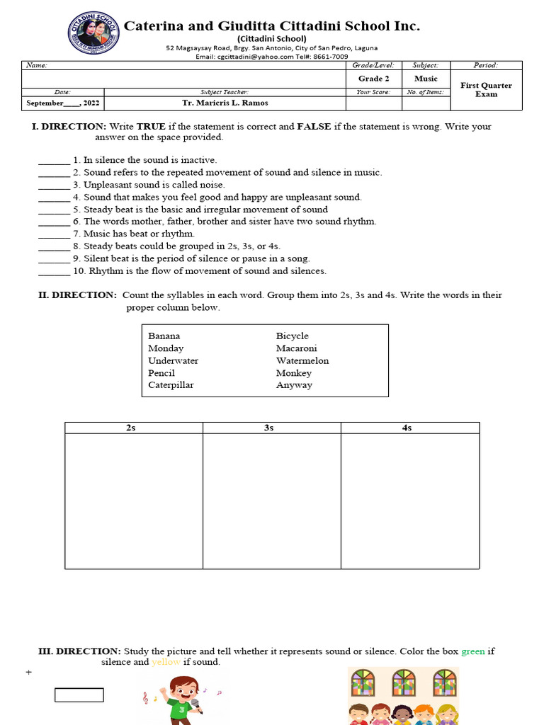 1ST Quarter Examination in Music | PDF | Silence | Sound
