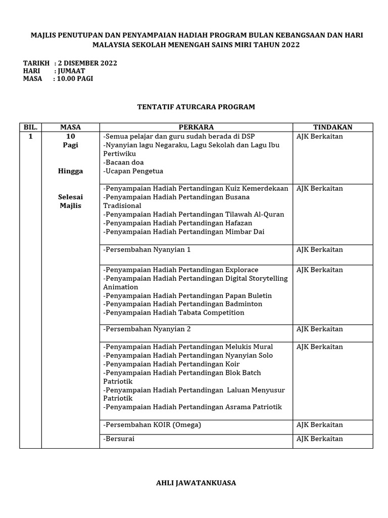 Ajk Majlis Penutupan Dan Penyampaian Hadiah Program Bulan Kebangsaan Dan Hari Malaysia | PDF