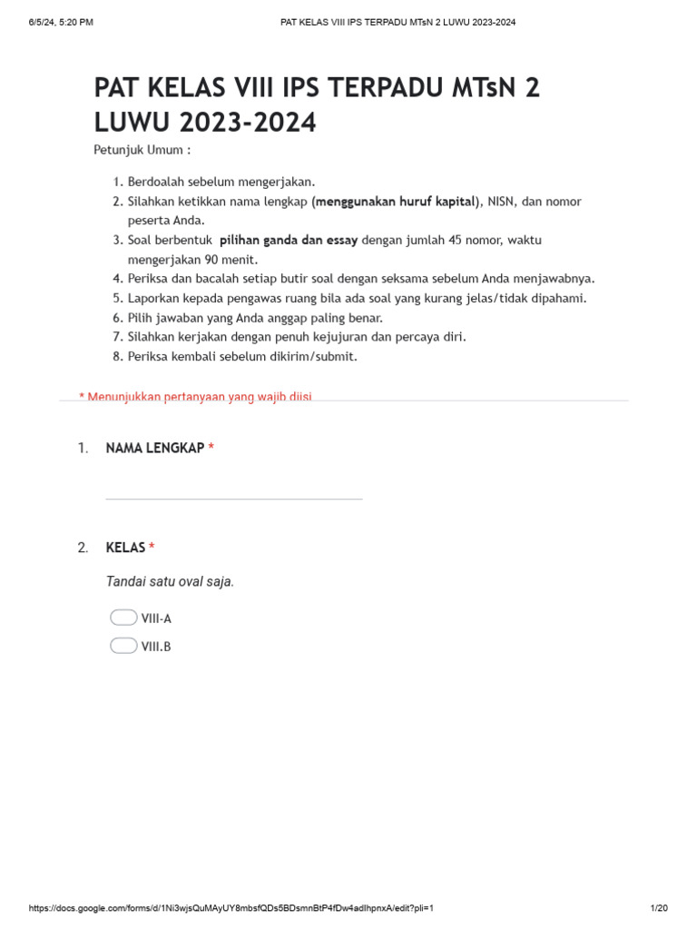 PAT KELAS VIII MTSN 2 LUWU MAPEL IPS TERPADU T.A 2023 - 2024 | PDF ...
