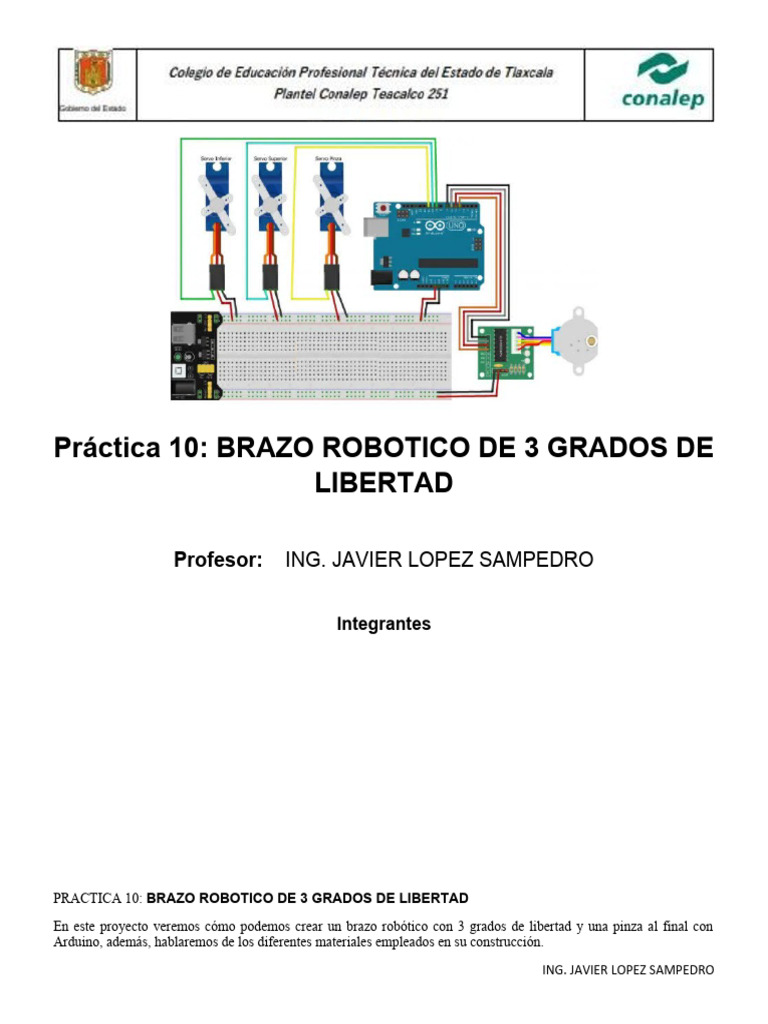 Practica 10 Brazo Robotico de 3 Grados de Libertad | Descargar gratis PDF | Arduino | Evaluación