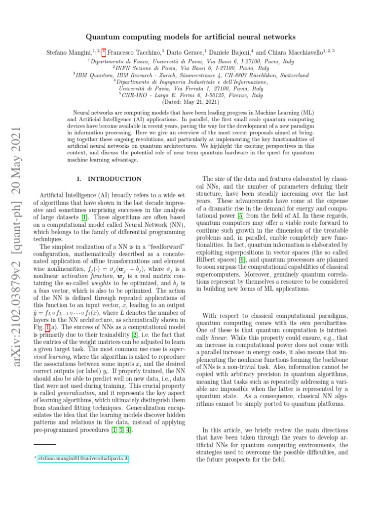 Quantum Computing Models For Articial Neural Networks | PDF | Artificial Neural Network ...