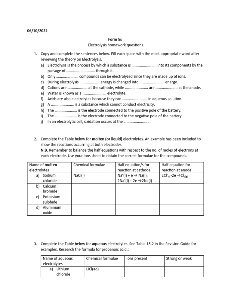 Electrolysis Prac - Questions-Form 5 | PDF | Science & Mathematics