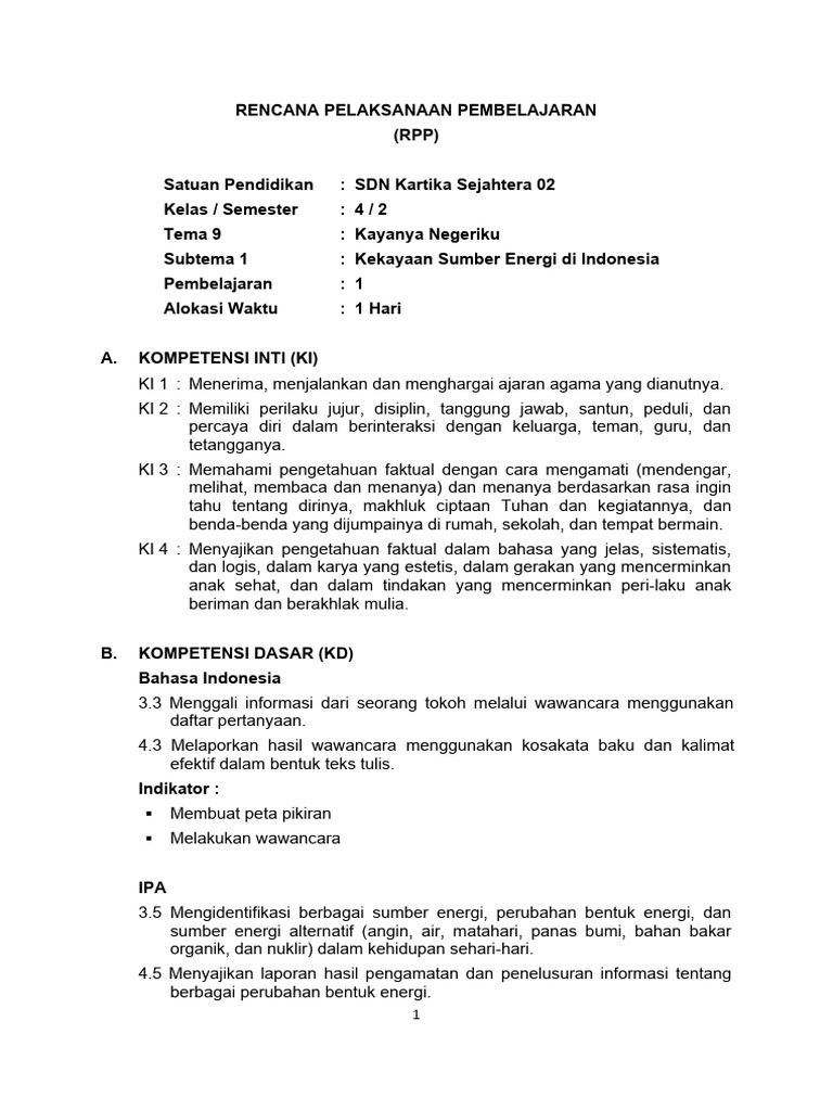 RPP KELAS 4 SD TEMA 9 2023 edit | PDF