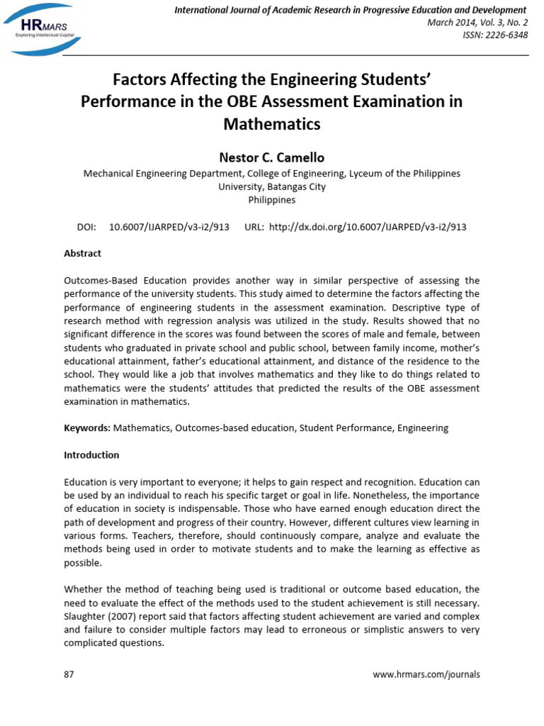 IJARPED-Factors Affecting The Engineering Students' Performance in The OBE Assessment ...