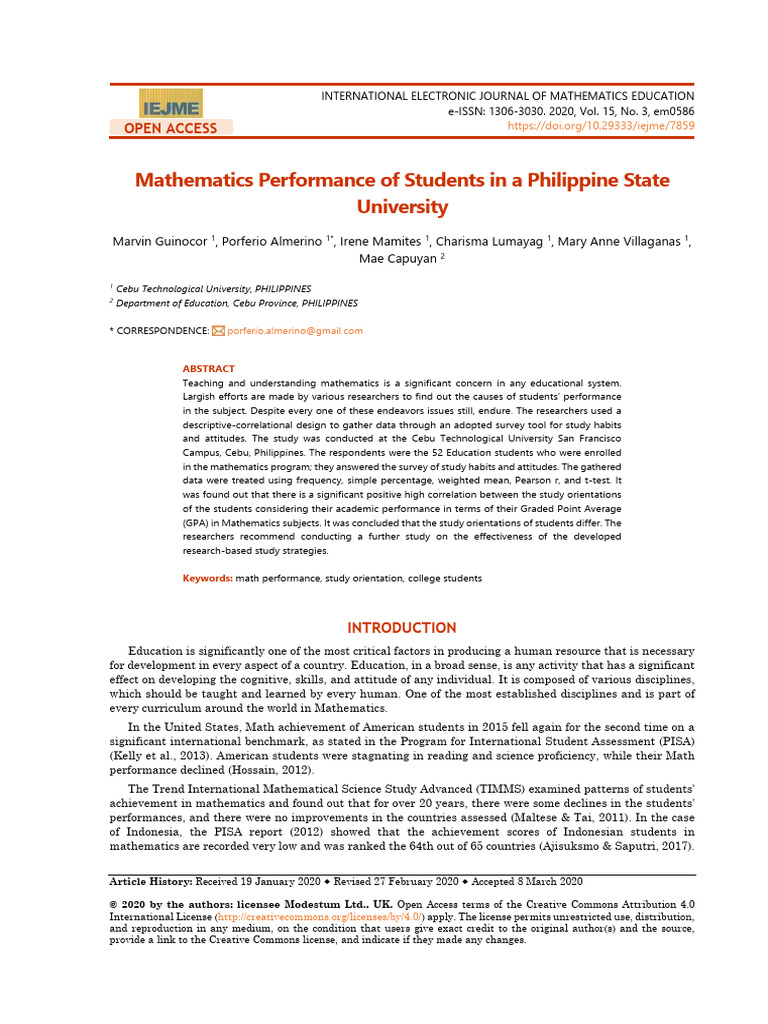 Philippine University Math Performance Study | PDF | Learning | Metacognition