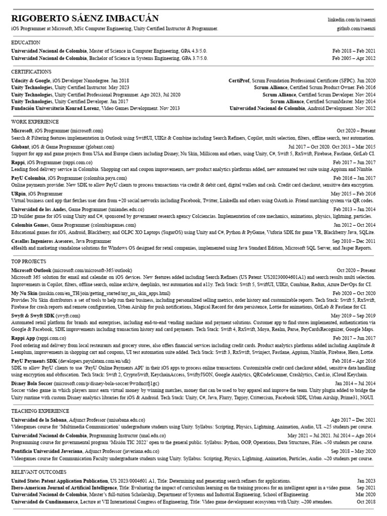 Curriculum Vitae: Rigoberto Saenz Imbacuan | PDF | Ios | Unity (Game Engine)