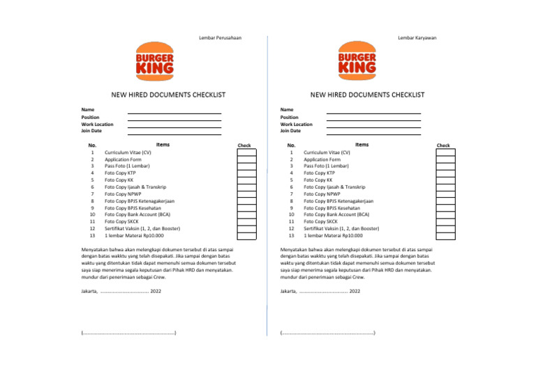 Checklist Dokumen Karyawan Baru | PDF