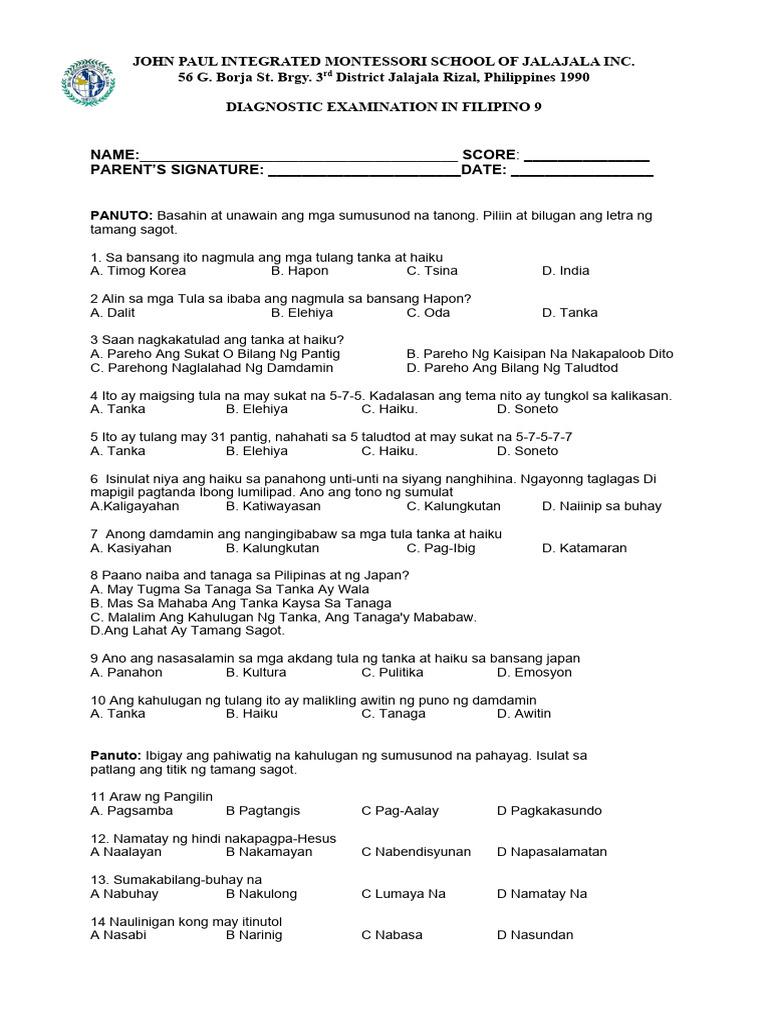 Diagnostic Exam in Filipino 9 2 | PDF