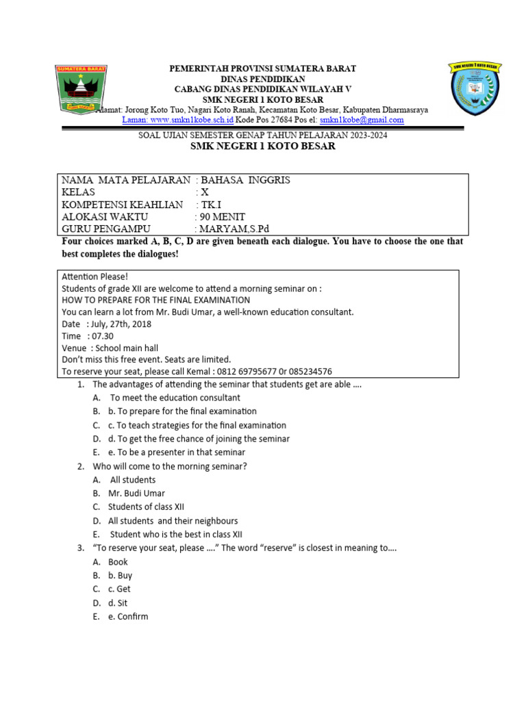Soal B. Ing SMT 2 Kls X Ok Sip | PDF