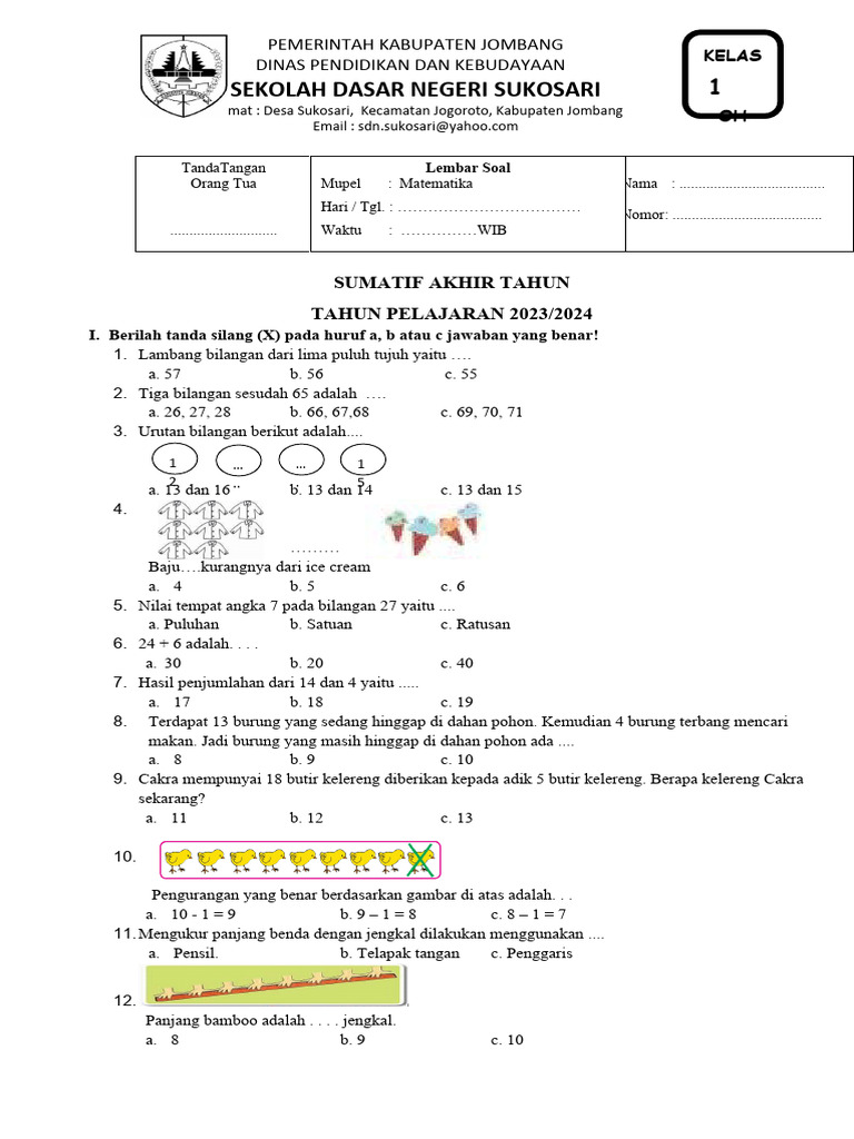 Soal Asesmen Sumatif 2 MTK KLS 1 | PDF
