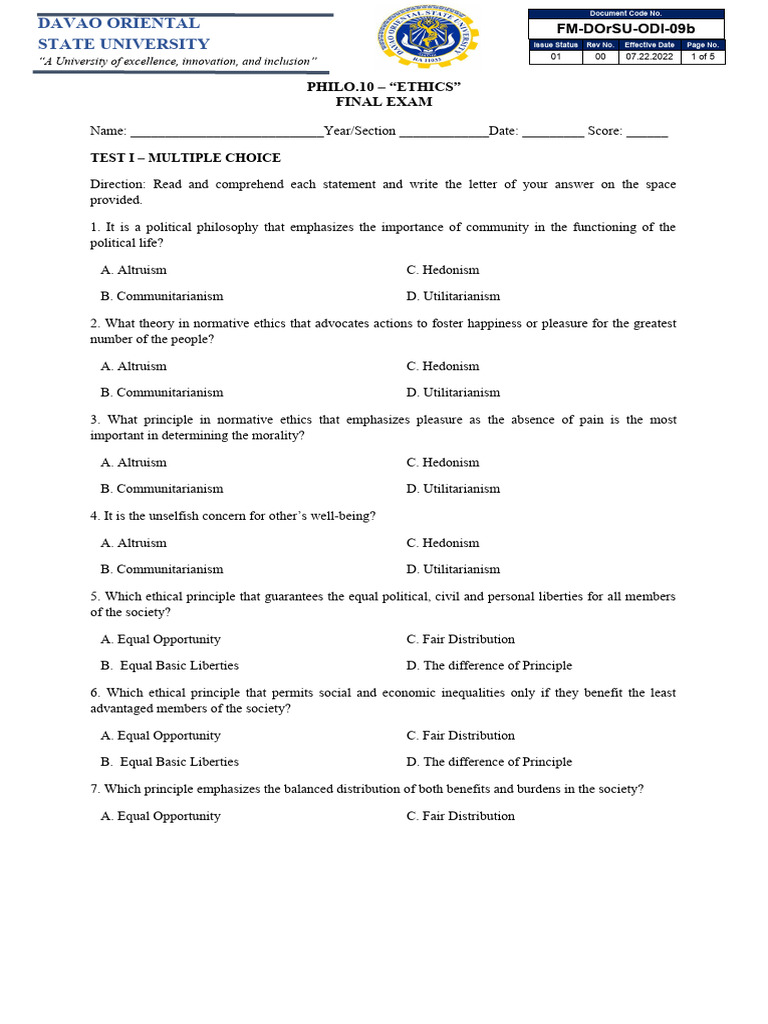 Philo.10 Ethics-Final Exam 2024 | PDF | Hedonism | Altruism