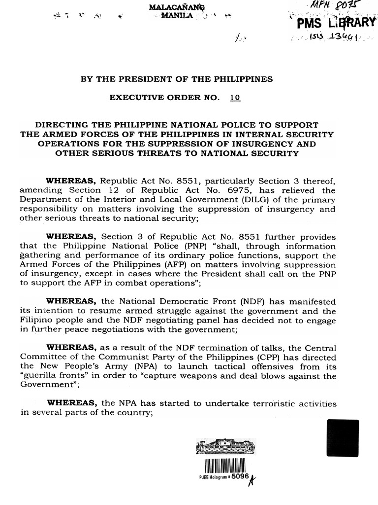 EO No 10 1999 | PDF | National Security | Government